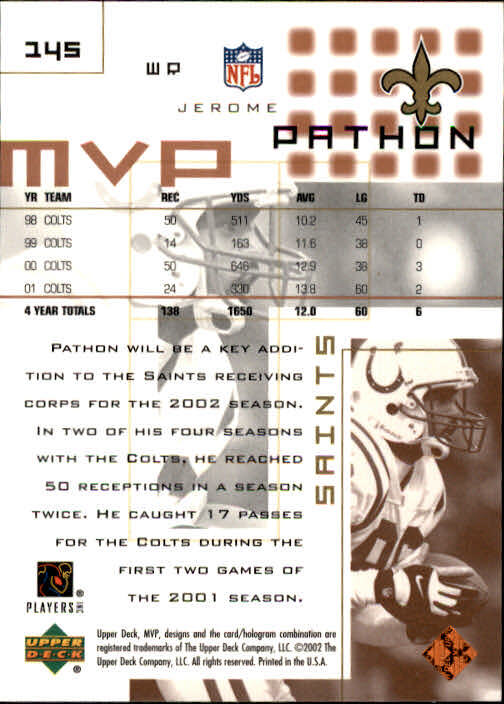 2002 Upper Deck MVP Football Card #145 Jerome Pathon | eBay