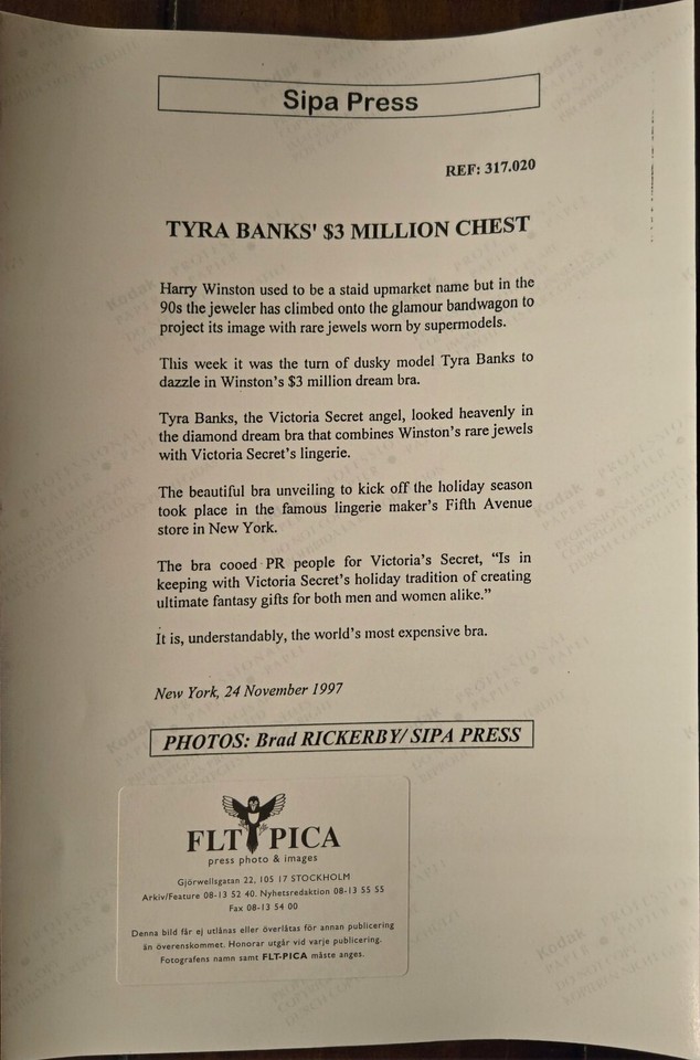 Tyra Banks, Original Type 1 Photo, $3m Harry Winston Bra, 1997, 7x10.25 ...