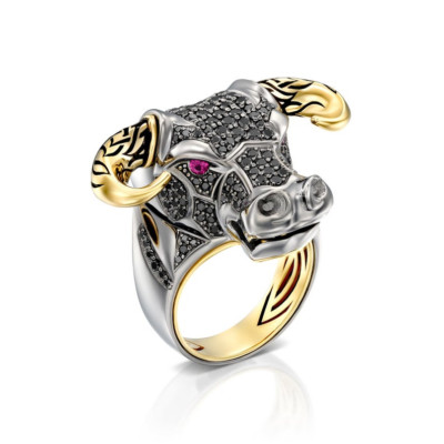 2.00CT Black Onyx & Pink Ruby Bull Face Design 935 Two Tone Silver Mem ...