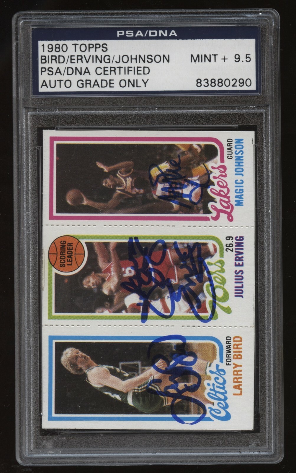 1980 Topps TRIPLE AUTO 139 Larry Bird DR J Erving 34 Magic Johnson AU ...