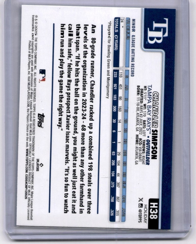 2025 Topps Holiday Blue Metallic Chandler Simpson Tampa Bay Rays #H38 ...