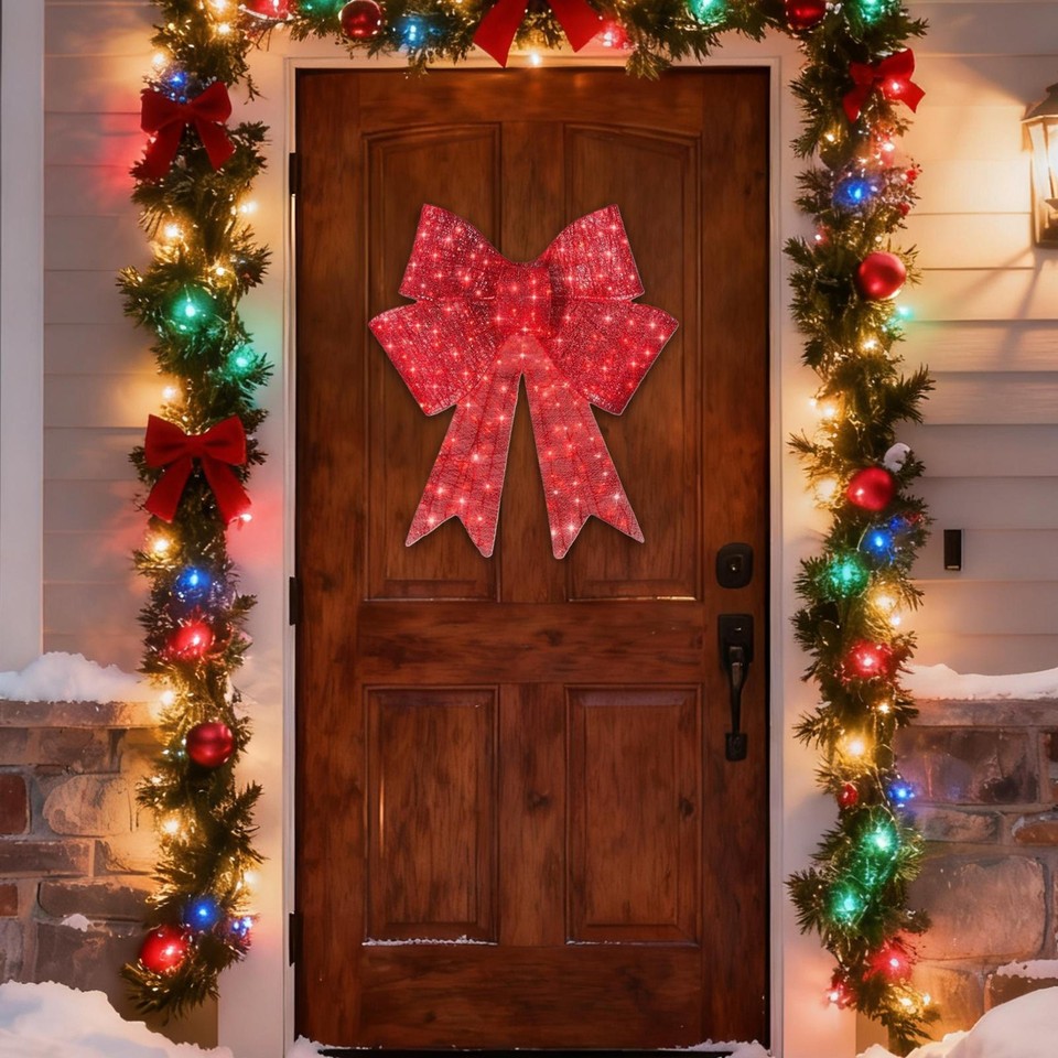 LED Christmas Bow Light – Outdoor Pre-Lit Red Ribbon for Holiday Door ...