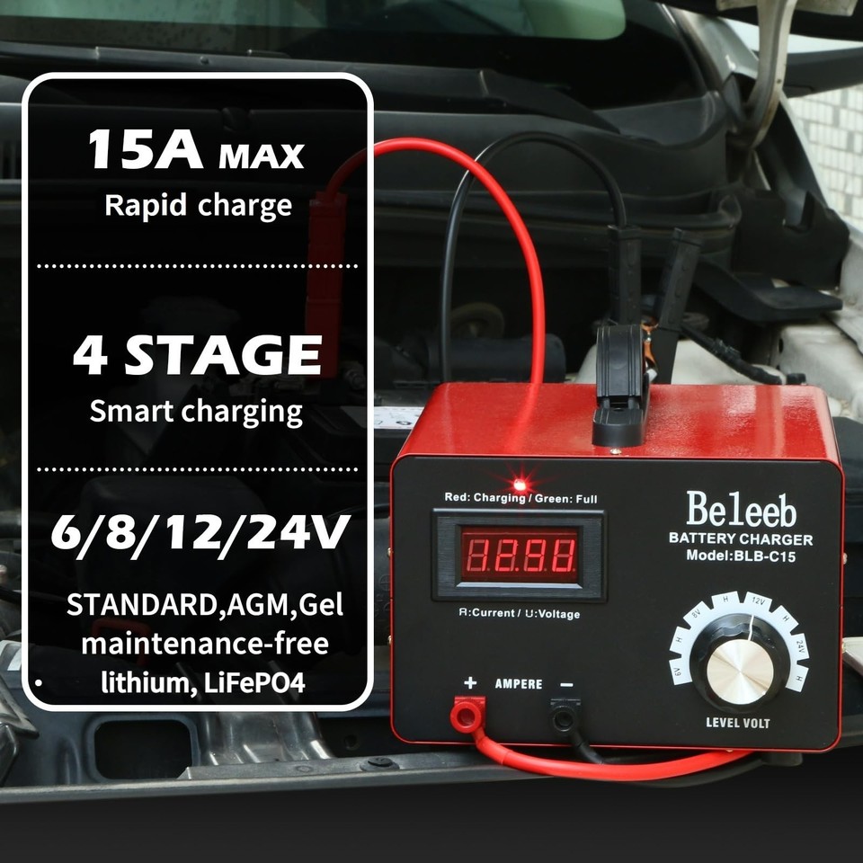 C15 Multiple Voltage Battery Charger 6V 8V 12V 24V Lead-Acid LiFePO4 ...