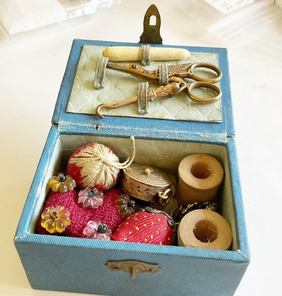 Antique Miniature Sewing Box Complete With Sewing Tools, Gold Tape ...