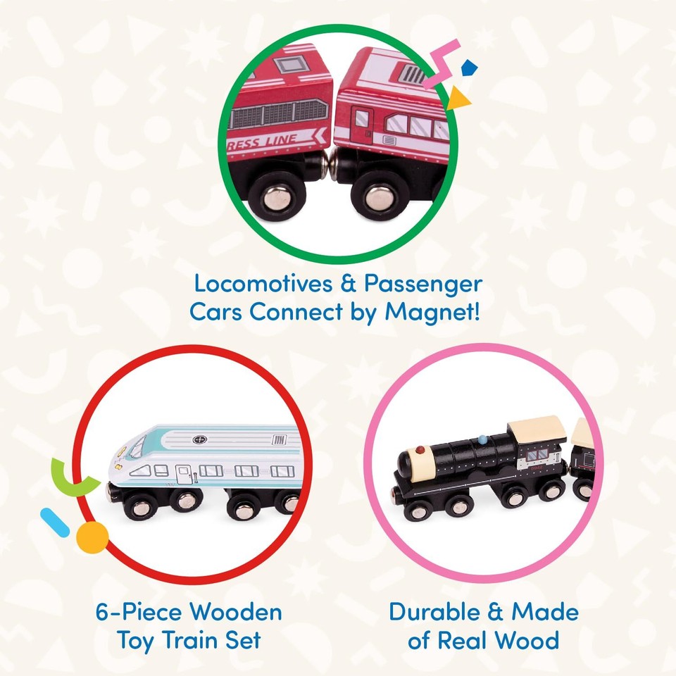 Battat – Classic Trains – 6Pc Wooden Railroad Set – Magnetic Toy Trains ...