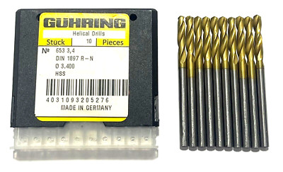 GUHRING 3.4mm HSS Drill Bit Screw Machine Length 2 Flute Tin Coating 10 ...