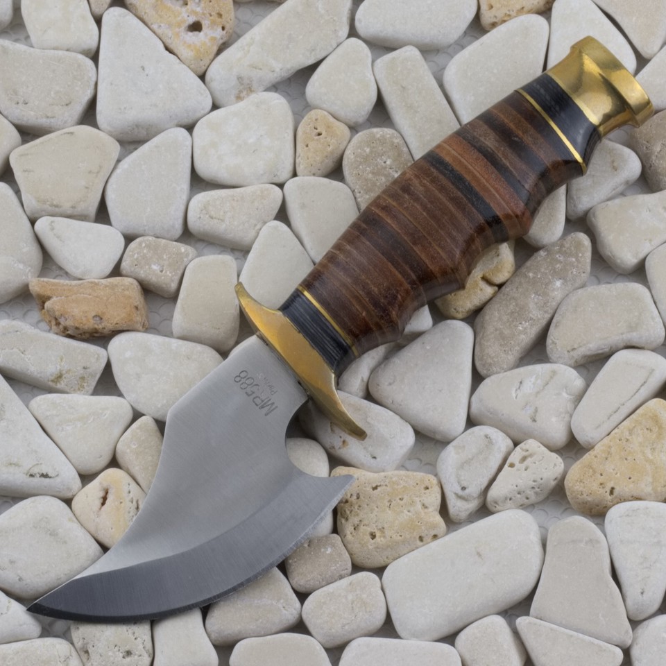 Marbles Stacked Leather Handle Skinner Fixed Blade Knife Brass Guard ...