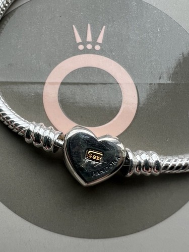 Pandora Domed Golden Heart Clasp Silver Snake Chain Bracelet 19cm ...