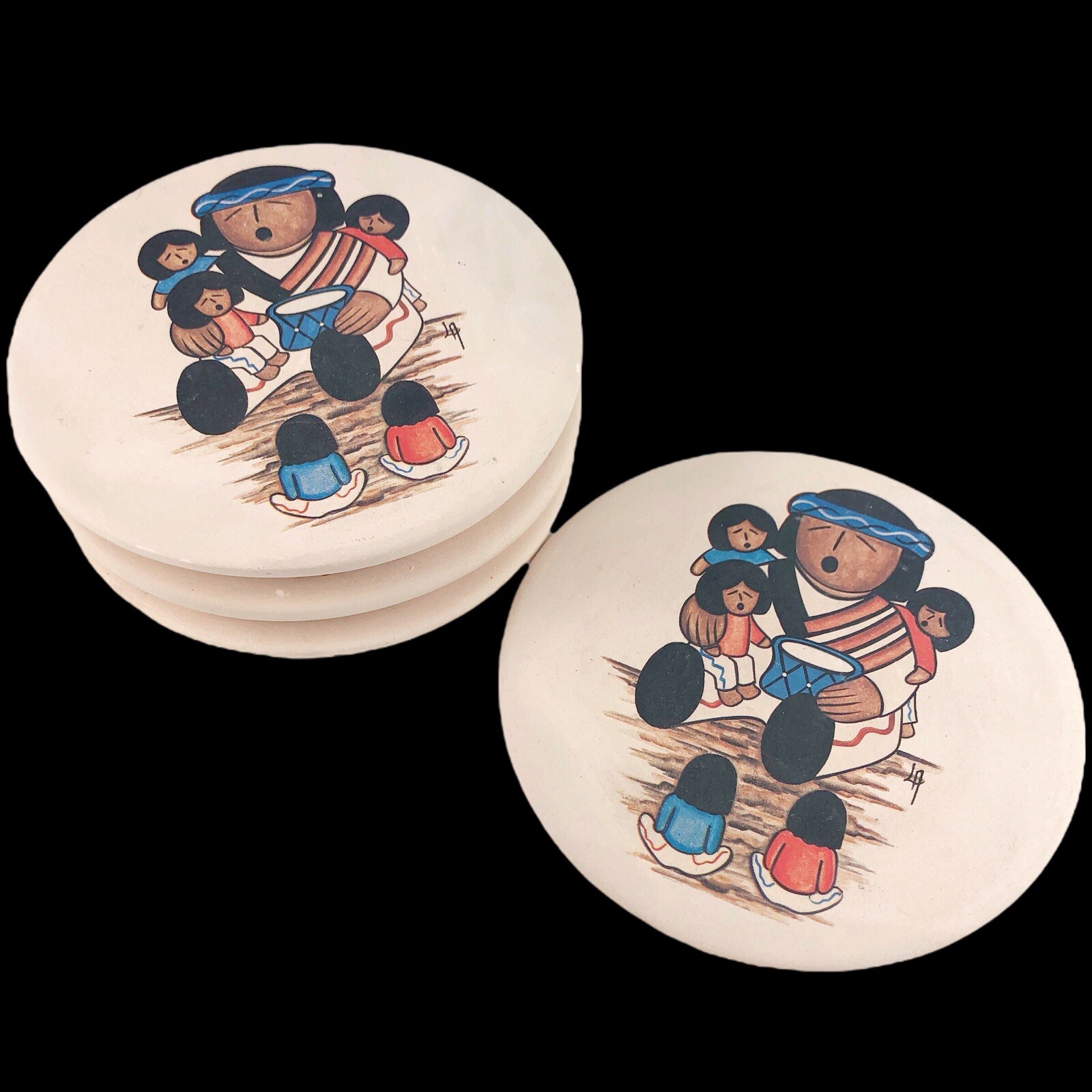 4 Native American Pueblo Storyteller Coasters Set Art Pottery Signed LA ...