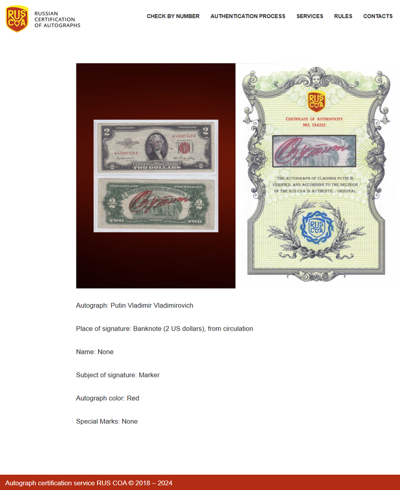 Autograph Vladimir Putin Signed $2 Banknote – RUS COA Expert ...