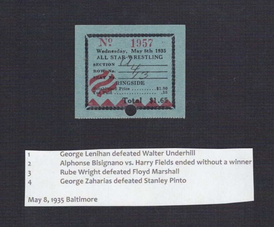 RARE 1935 GEORGE ZAHARIAS v STANLEY PINTO RUBE WRIGHT wrestling ticket ...