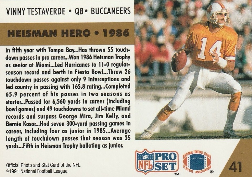 Vinny Testaverde 1991 Pro Set #41 Heisman Hero 1986- Free Shipping | eBay