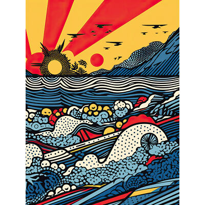 Seascape Sunset Comic Book Style Geometric Waves Polka Dot Huge Art ...
