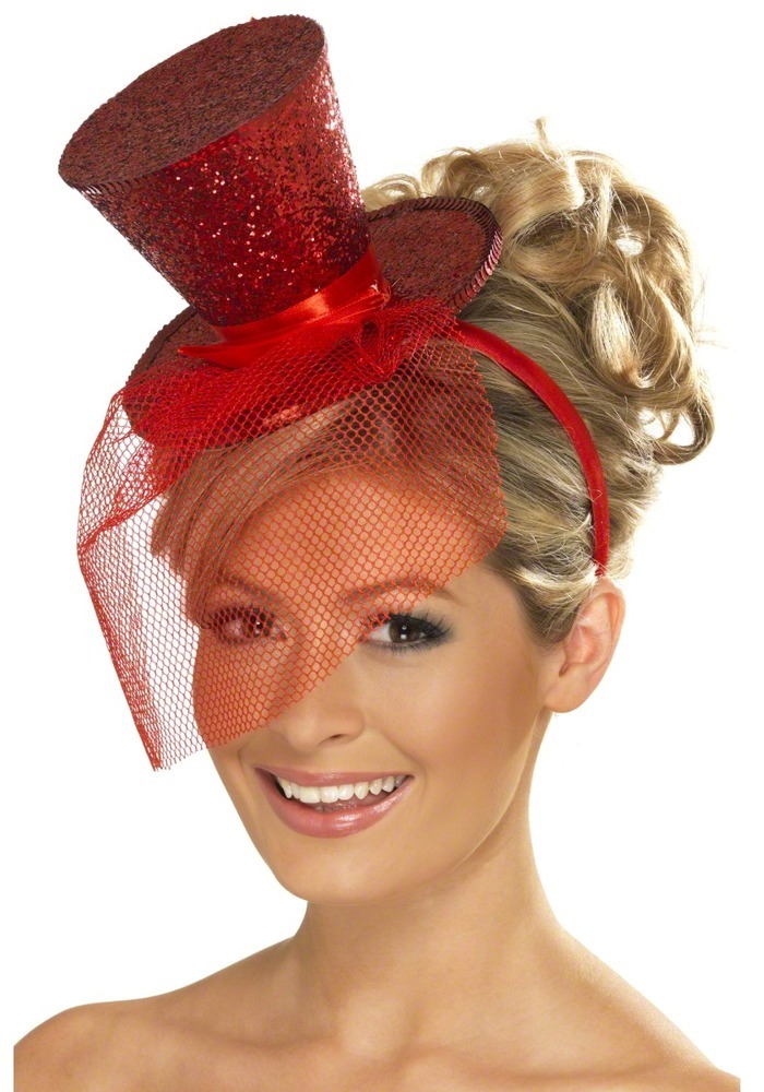 Mini Red Top Hat Mad Hatter Costume Flapper Feather Womens Adult Fancy ...