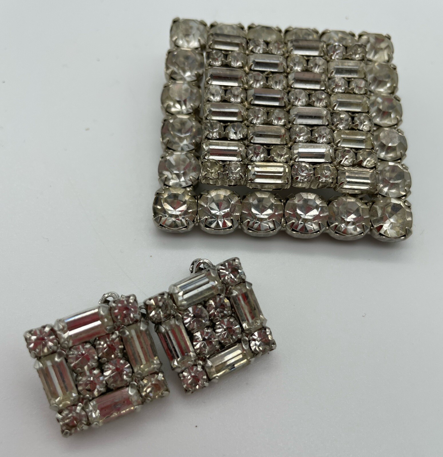 Vintage Square Rhinestone Brooch With Matching Clip E… - Gem