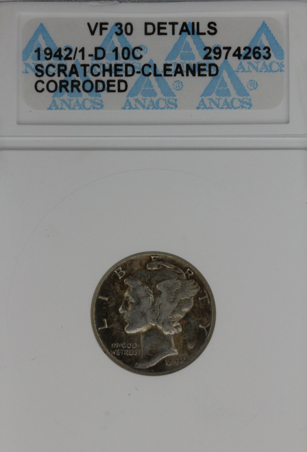 1942/1 D Mercury Dime VF 30 Details ANACS (Scratched-Cleaned-Corroded ...