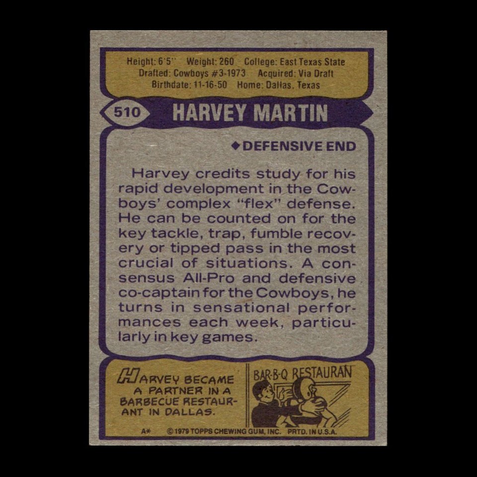 Harvey Martin 1979 Topps Dallas Cowboys #510 R311F 4 | eBay