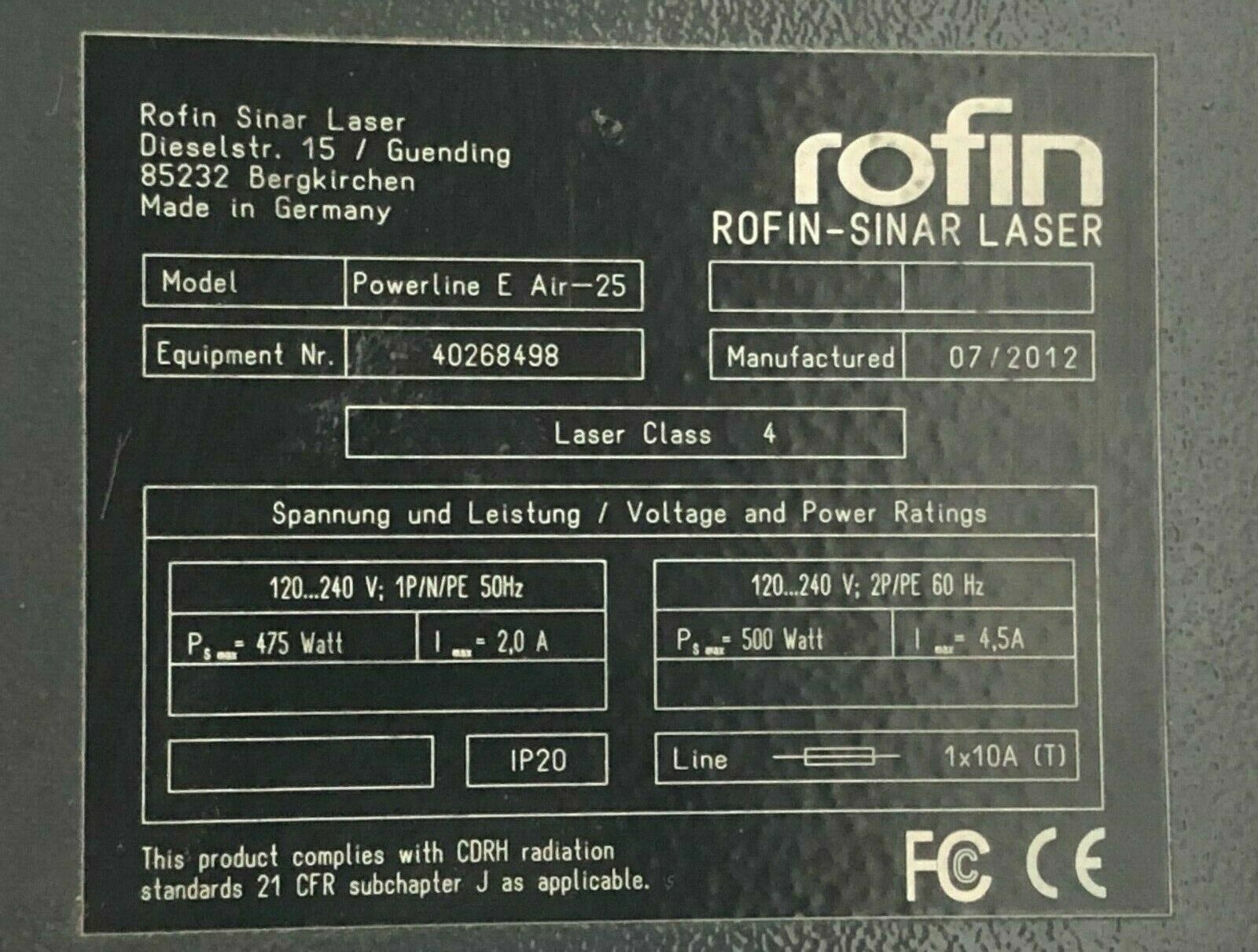 Rofin Sinar PowerLine E AIR-25 with Rofin P/N 130400577 Laser Marking ...