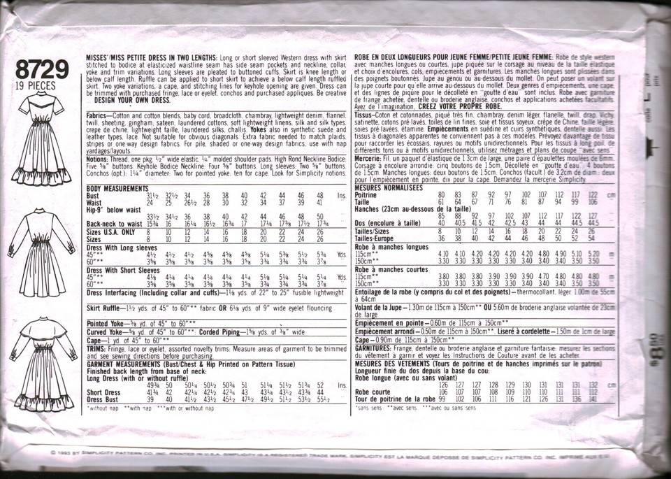 8729 Vintage Simplicity SEWING Pattern Misses Western Style Dress ...