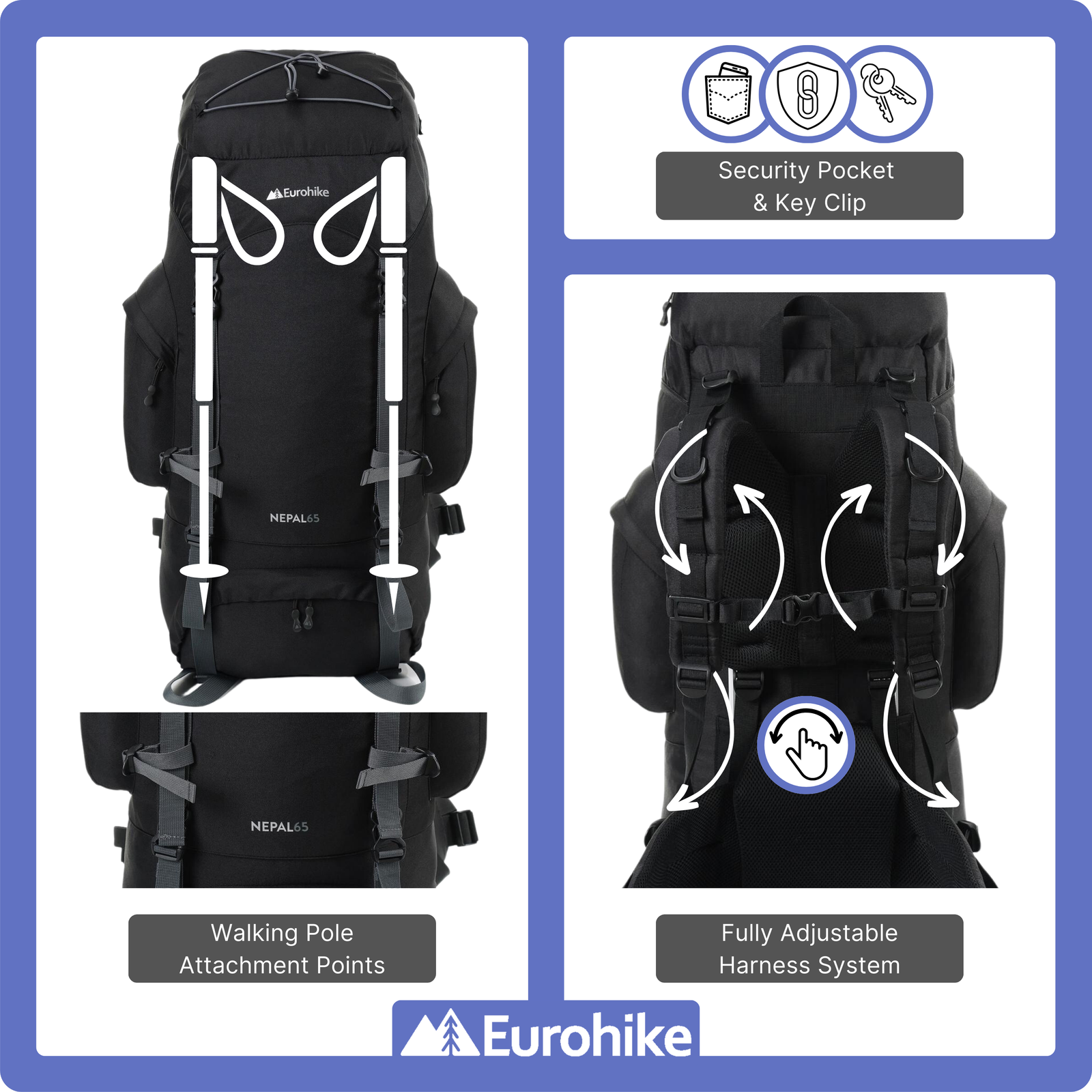 Eurohike Nepal 65L Walking Rucksack, Hiking Backpack, Camping ...