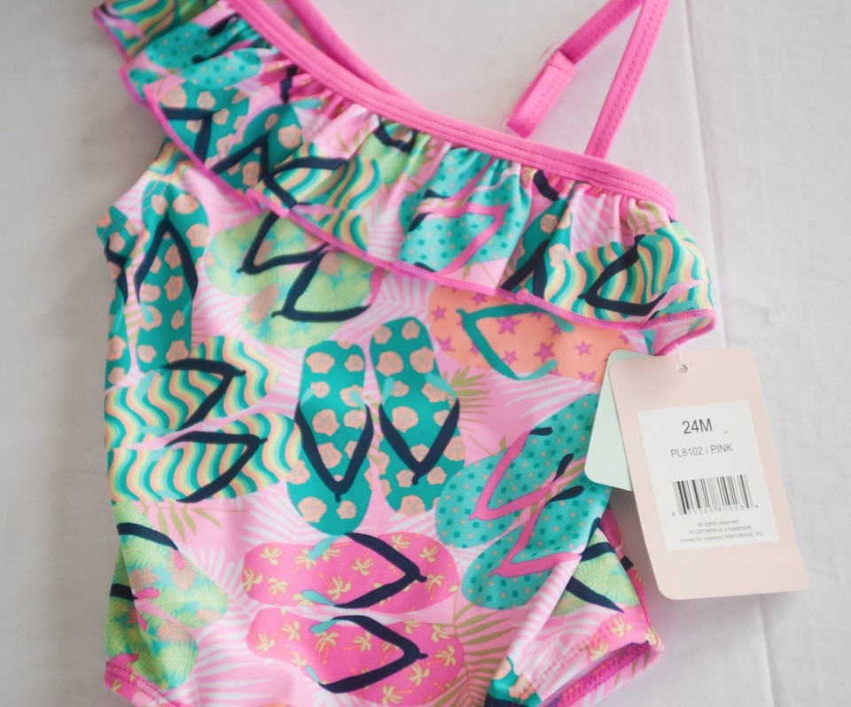 NWT Floatimini Girl Size 24M Pink One-Piece Flip Flop Ruffle Swimsuit ...