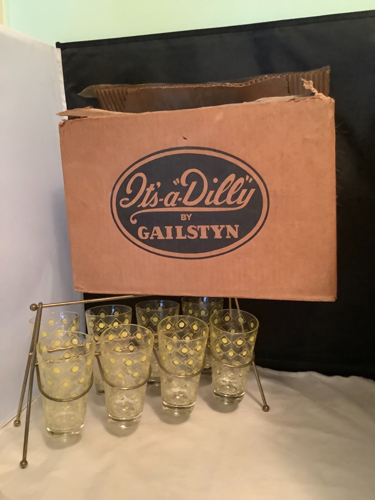 MID CENTURY MODERN ITS A DILLY GAILSTYN GLASS SET WITH BOX AND CARRIER ...