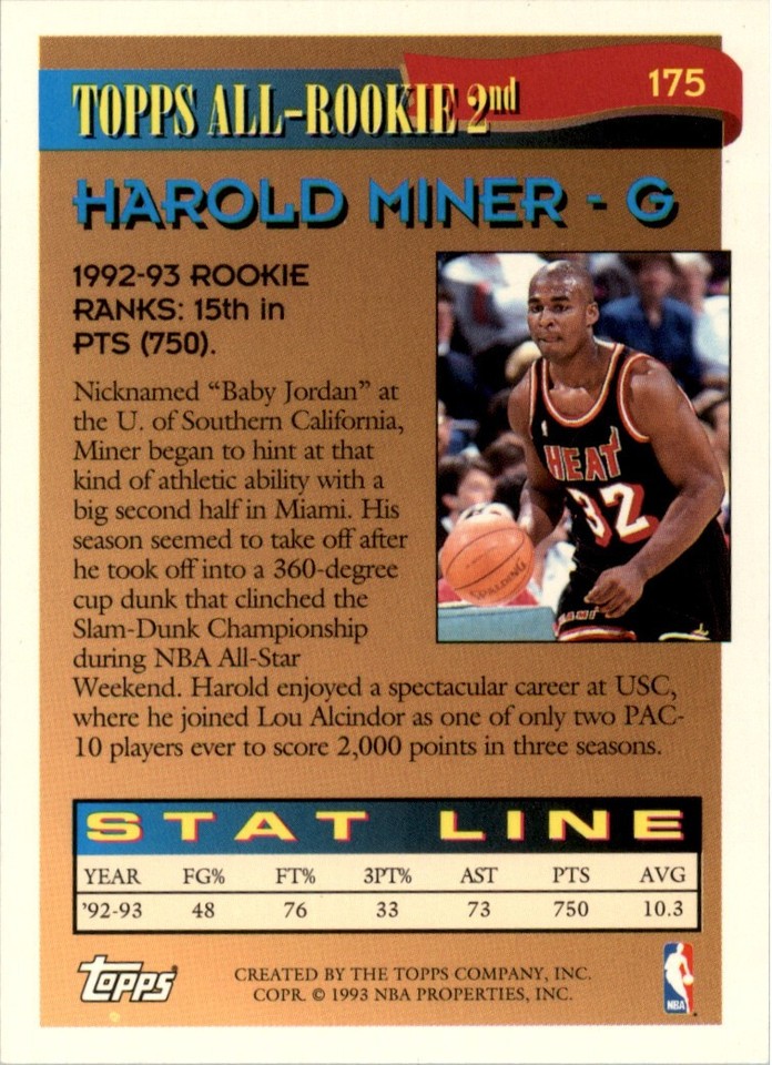1993-94 Topps #175 Harold Miner All-Rookie Miami Heat USC Trojans | eBay