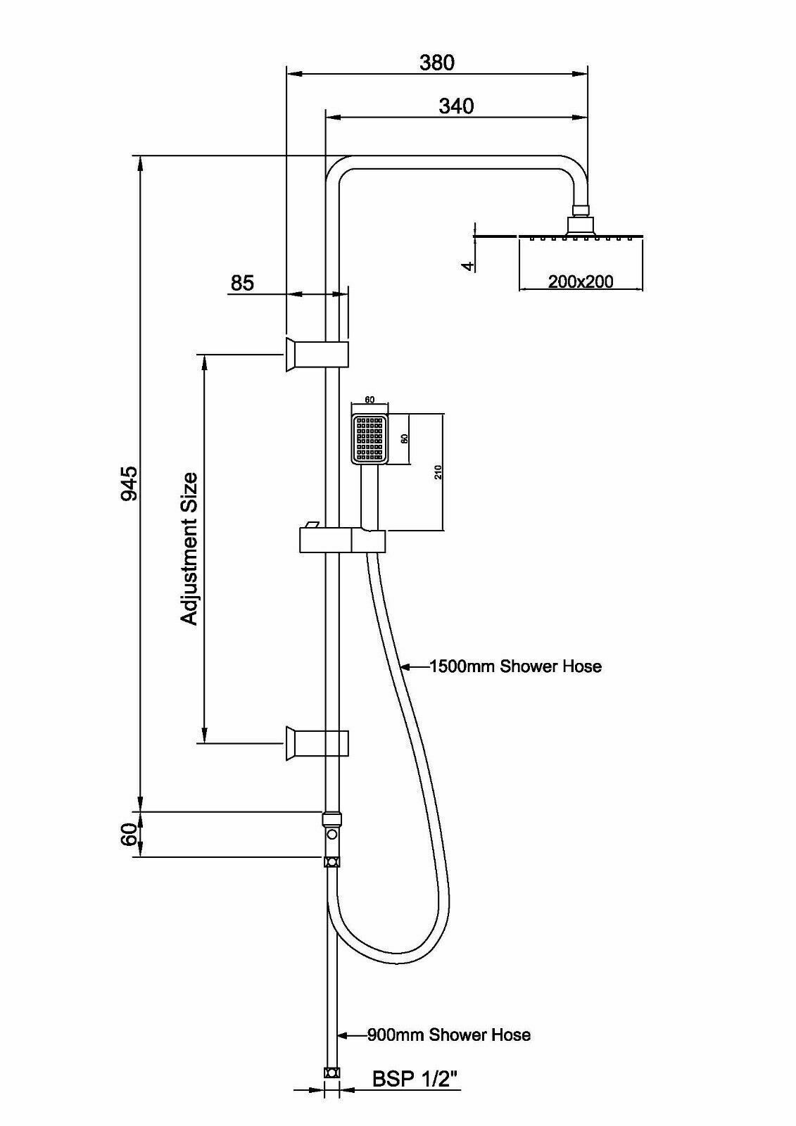 Bathroom Square Shower Mixer Waterfall Tap Kit Riser Rail Hose Chrome ...