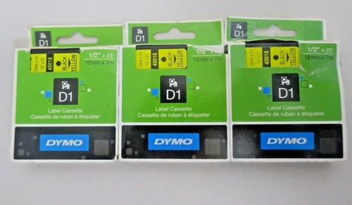 Dymo D1 Label Cassette Lot of 3 Add Label Refill 45018 Black Yellow 1/2 ...
