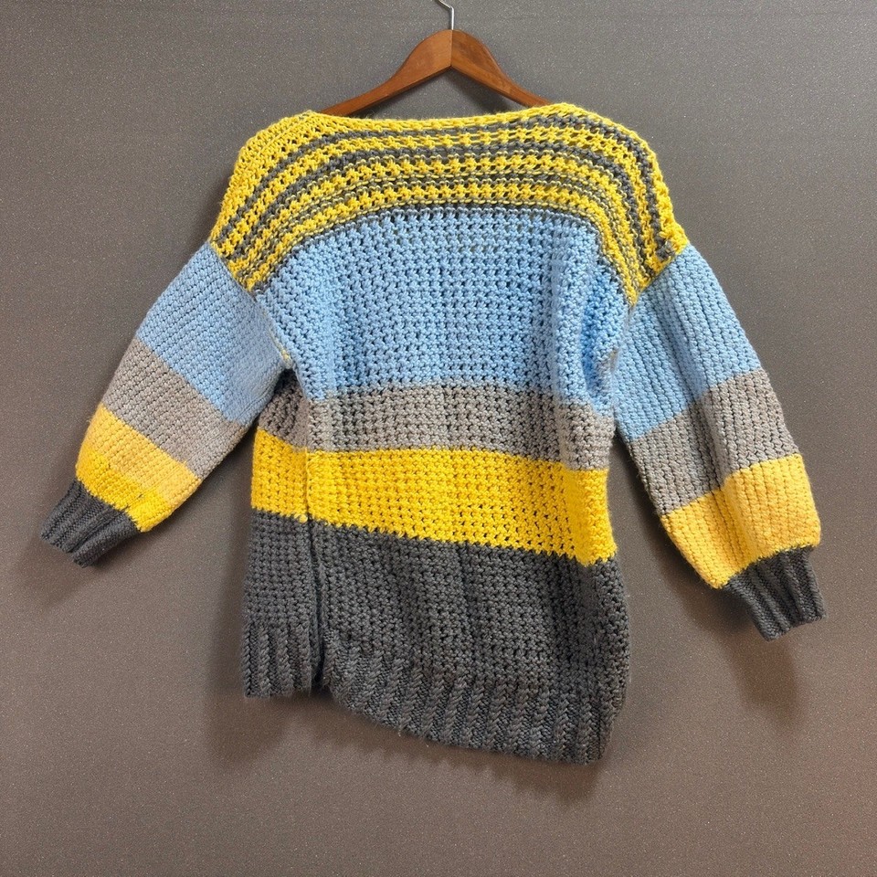 Womens Stripedn Hand Knit Sweater Long Sleeve Round Neck Blue Yellow ...