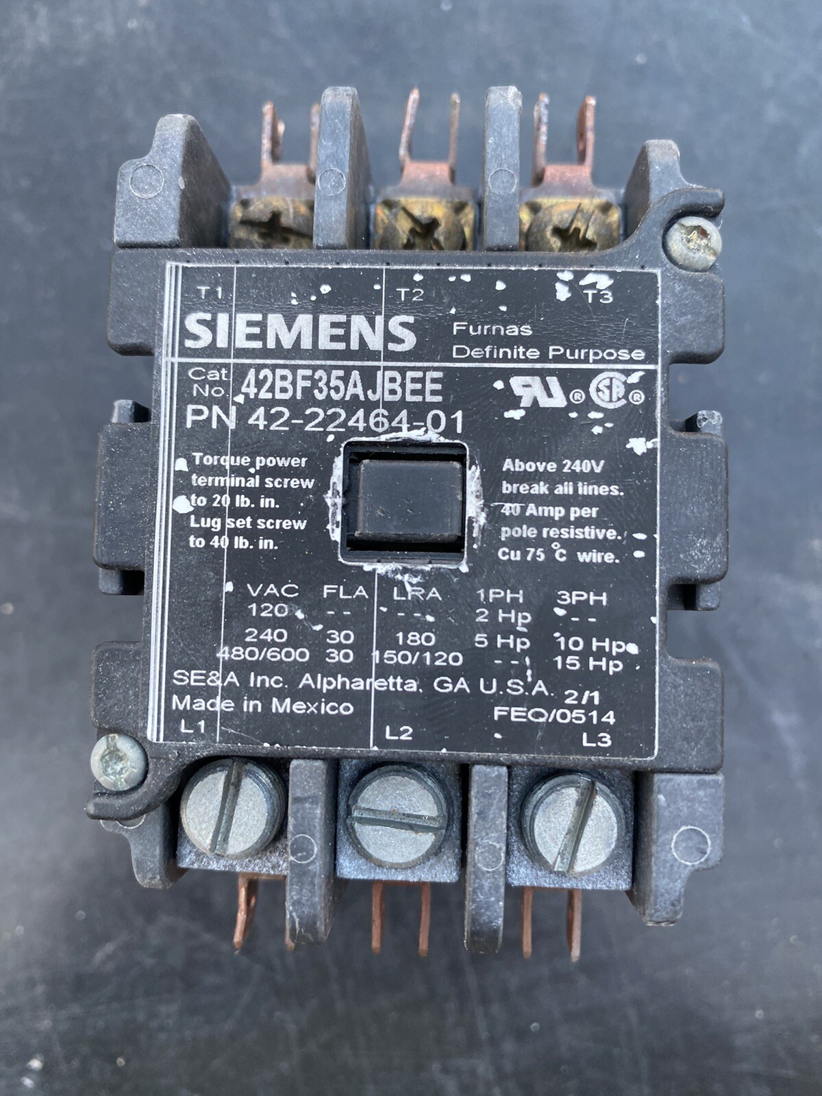 Siemens 42BF35AJBEE Definite Purpose Contactor 42-22464-01 USED 3 Phase ...