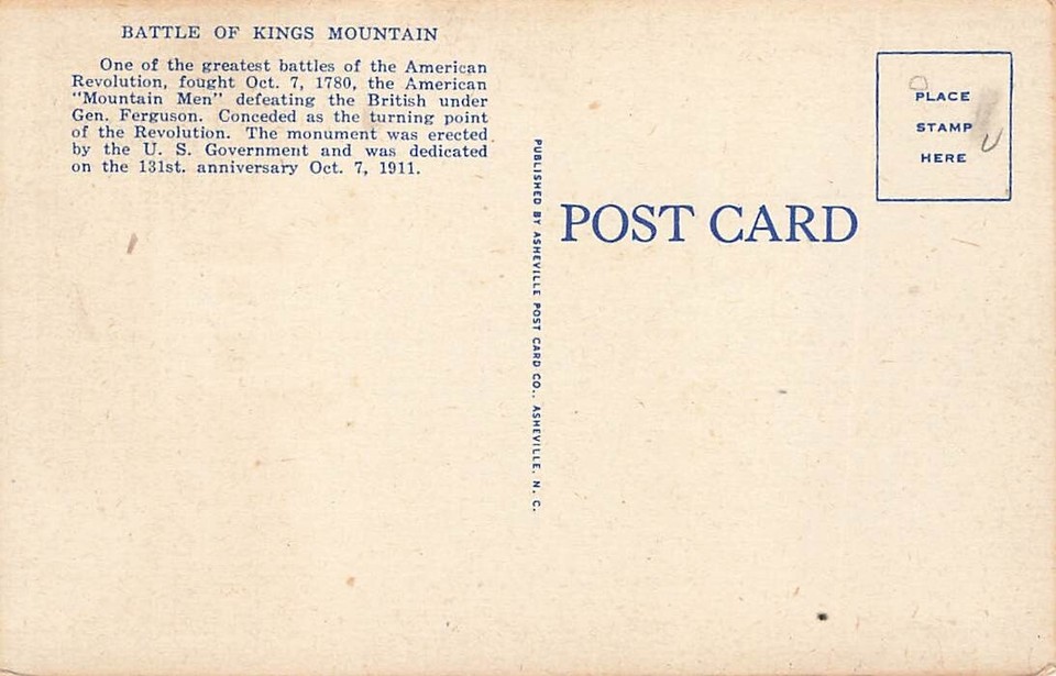 Postcard Kings Mountain Battlefield Monument Kings Mountain North ...