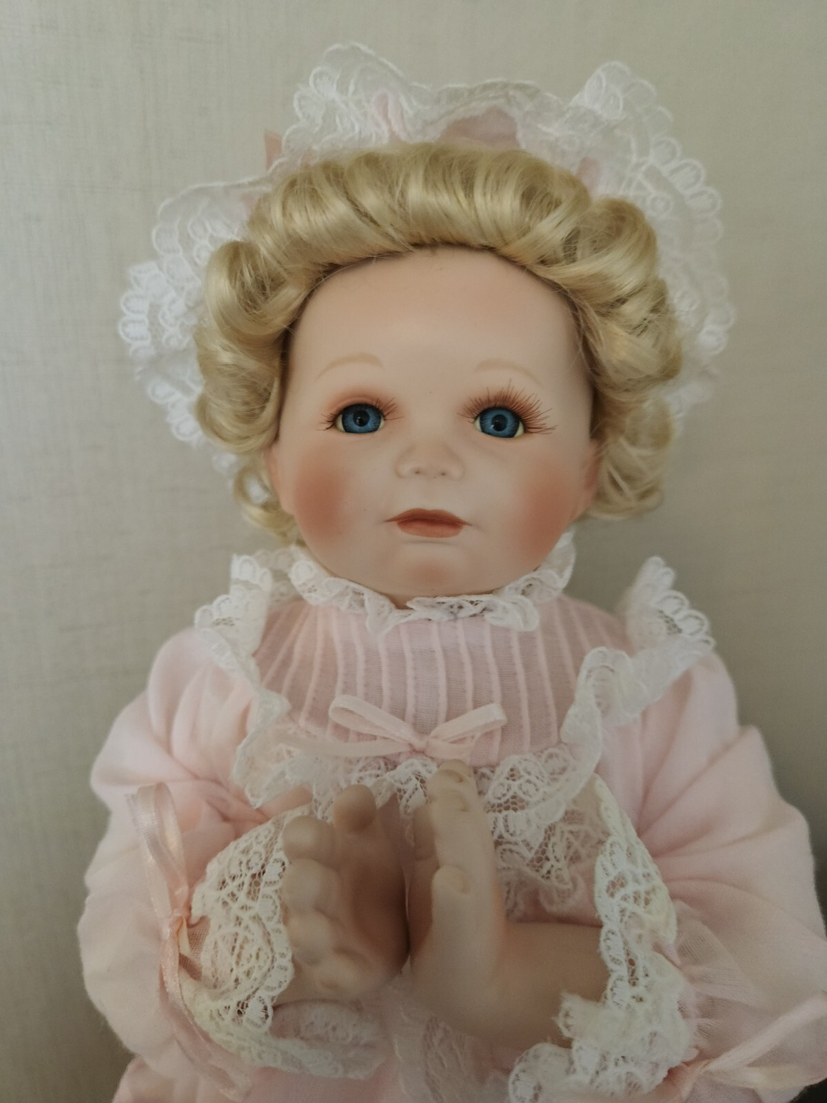 Praying Doll Porcelain Blonde Hair Pink Dress Gown | eBay