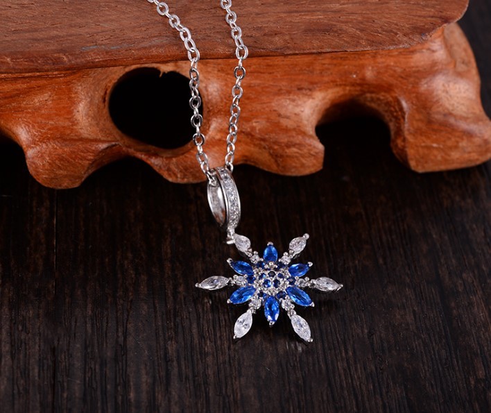 18" Sterling SILVER Frozen SNOWFLAKE Topaz Blue CZ Pendant NECKLACE ...