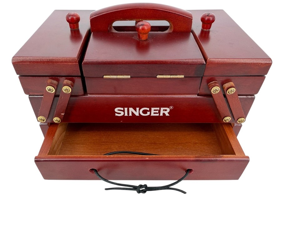 Vintage Singer Sewing Box Accordion Fold Out Wooden Sewing Carry Caddy ...