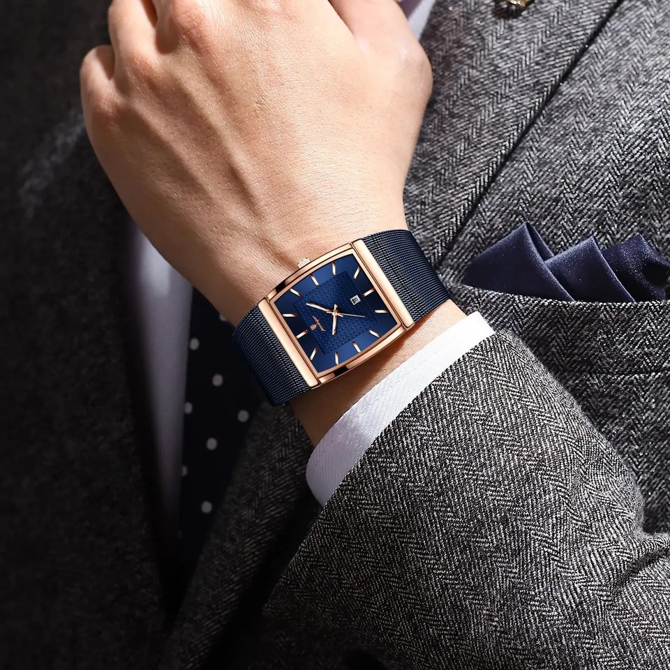 Men's Rectangle Quartz Watch Waterproof Luminous Date Mesh Steel Band ...