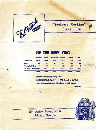 Ed Venable Southern Cooking Menu Atlanta Georgia 1940's | eBay