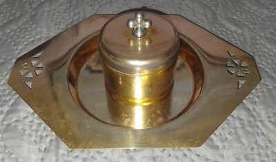 ANCIEN PLATEAU religieux/ DE DE COMMUNION? 24x17cm/METAL doré/+ LAVABO ...