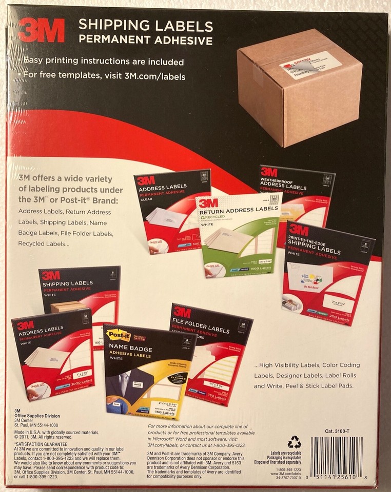 3M 2 x 4" 3100-T Shipping Labels Permanent Adhesive Laser 1000 Labels ...