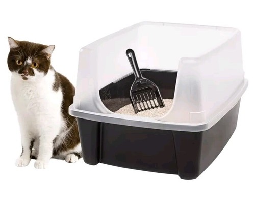 Large Cat Litter Box with Scatter Shield High Sided Open Top Pan and ...