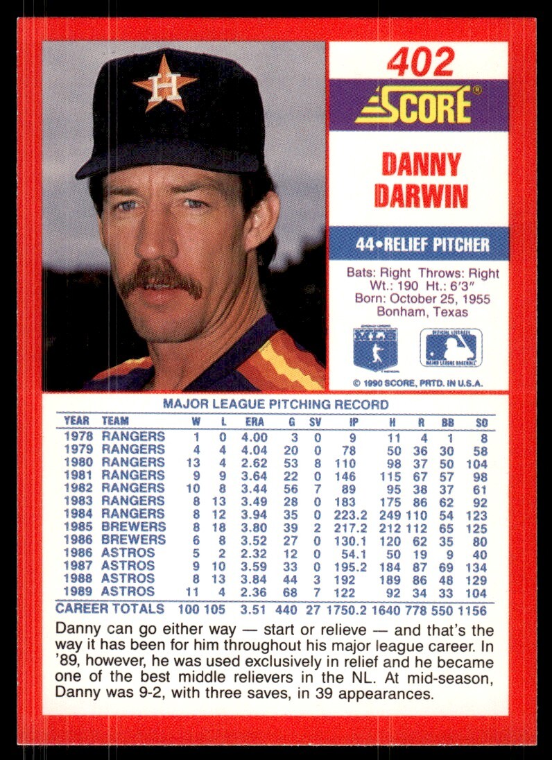 1990 Score Baseball Card Danny Darwin Houston Astros #402 | eBay