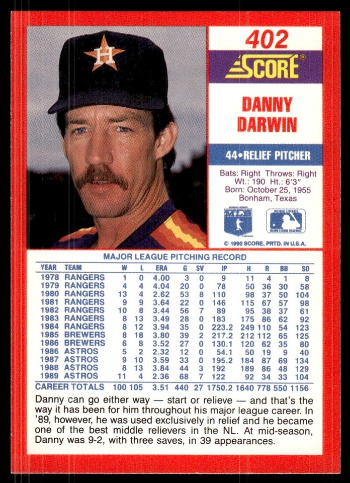 1990 Score Baseball Card Danny Darwin Houston Astros #402 | eBay