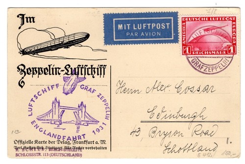1931 Graf Zeppelin Flight on Board CCL Germany Englandfahrt on Card to ...