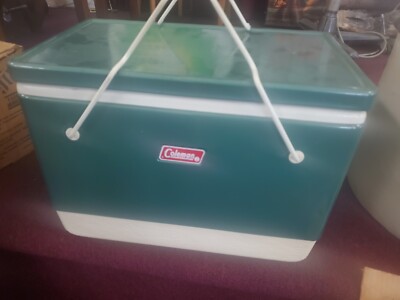 Vintage Coleman Green Metal Cooler Camping Ice Chest w/ Folding Handles ...