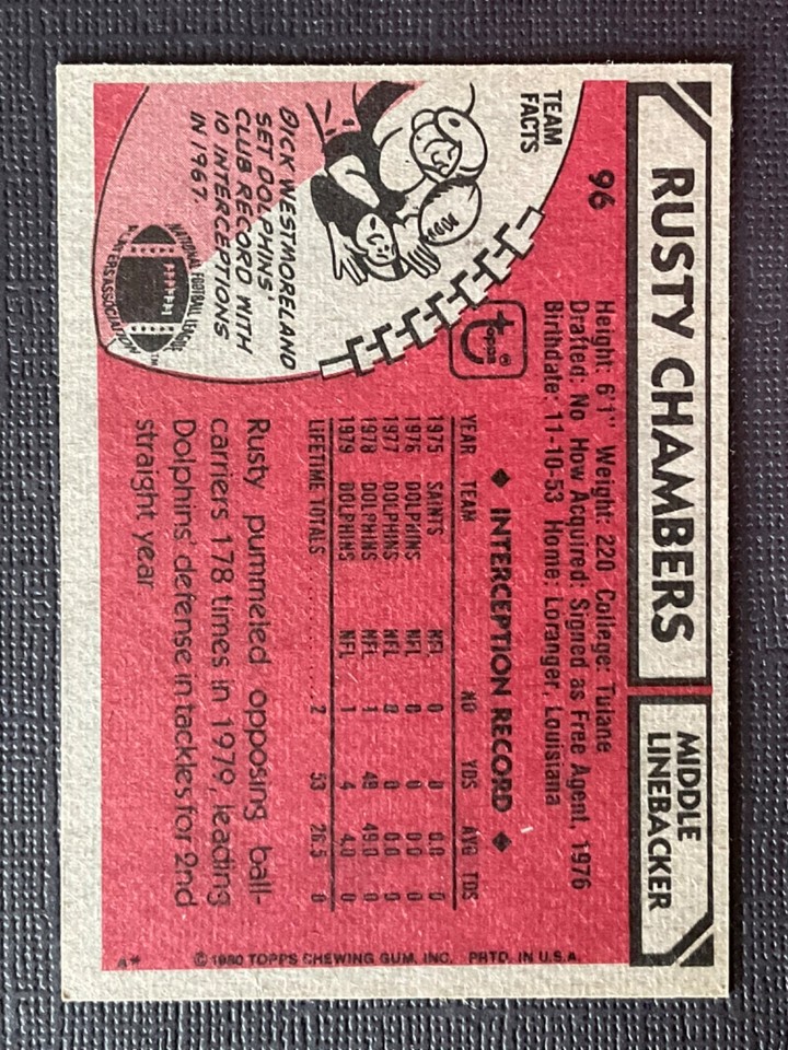 Rusty Chambers 1980 Topps Rookie Football Card #96 - Miami Dolphins NM ...