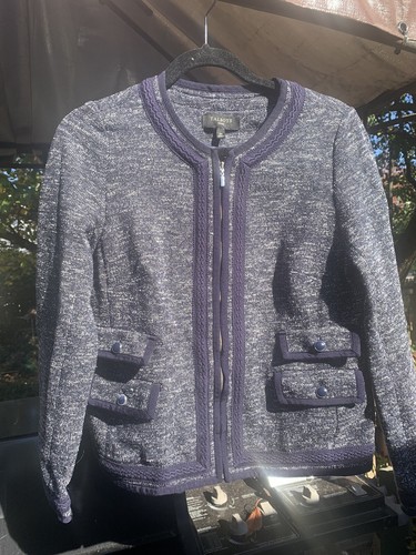 Talbots Navy Blue White Tweed Zip Front Collarless Blazer Jacket Size 12P Career | eBay