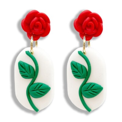 Cute Red Rose Polymer Clay Oval Stud Dangle Earrings | eBay