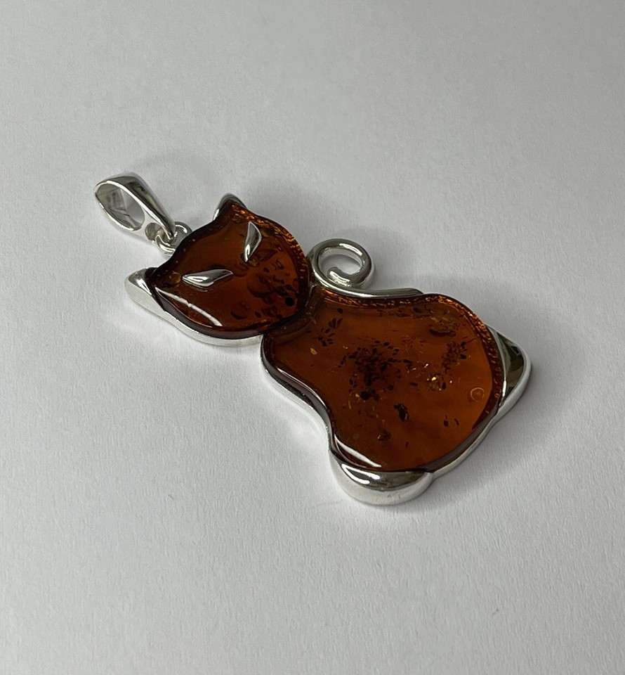 Baltic AMBER Stone CAT Pendant.COGNAC AMBER Cat PENDANT with Sterling ...