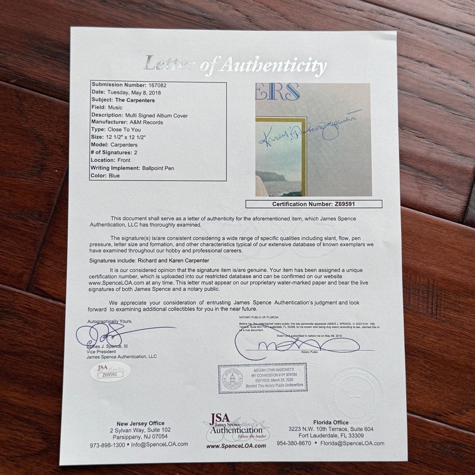 CARPENTERS * JSA * KAREN & RICHARD AUTOGRAPH "CLOSE TO YOU" ALBUM ...