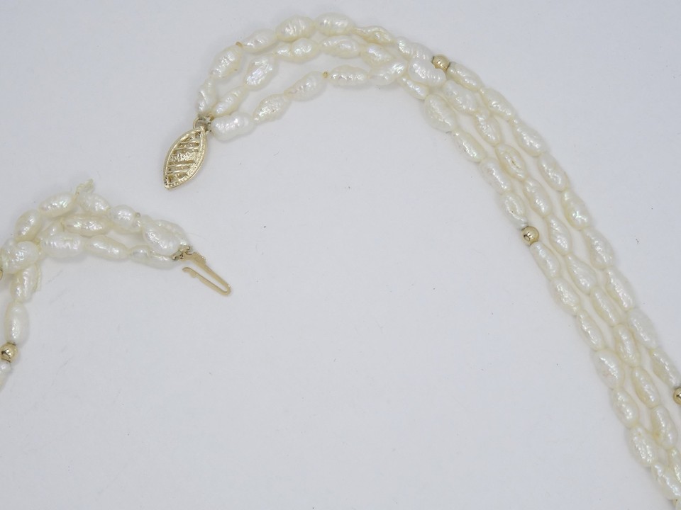RTI THREE STRAND FRESH WATER PEARL NECKLACE WITH SOLID 14K GOLD BEAD ...